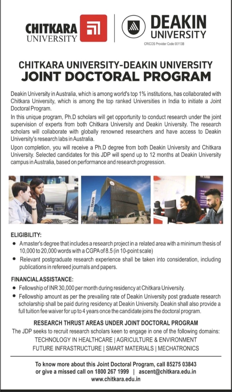 Advertisement for the Chitkara-Deakin Joint Doctoral Program - CURIN